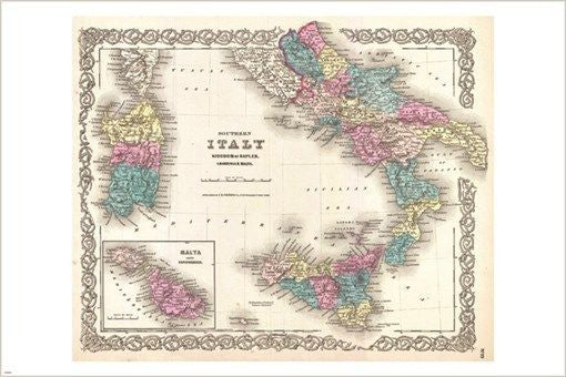 MAP of SOUTHERN ITALY poster - sicily, sardinia and MALTA collectors 2 ...